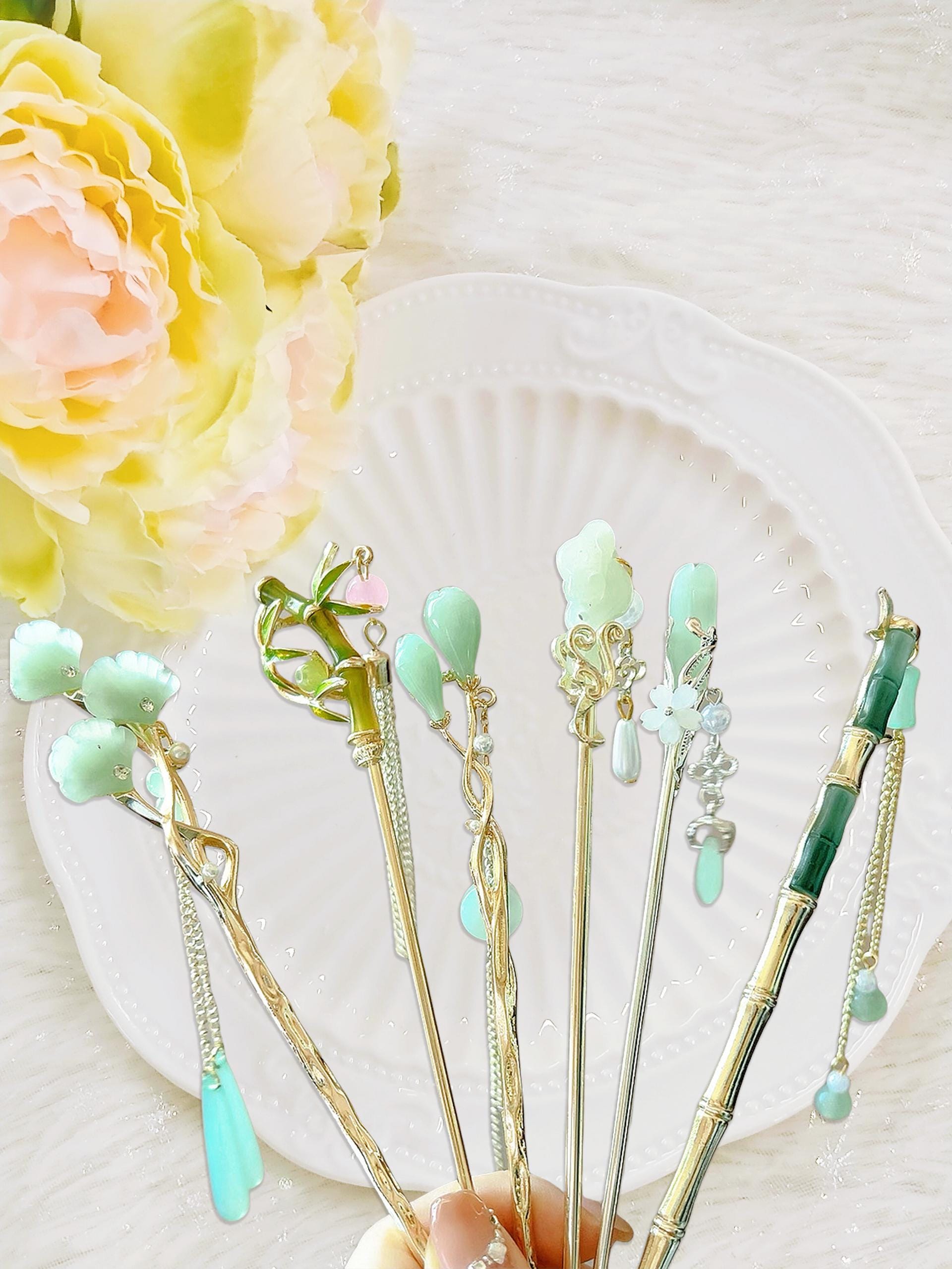 Elegant Gold Hair Sticks,jade-like Accentshairpins, Featuring Floral ...