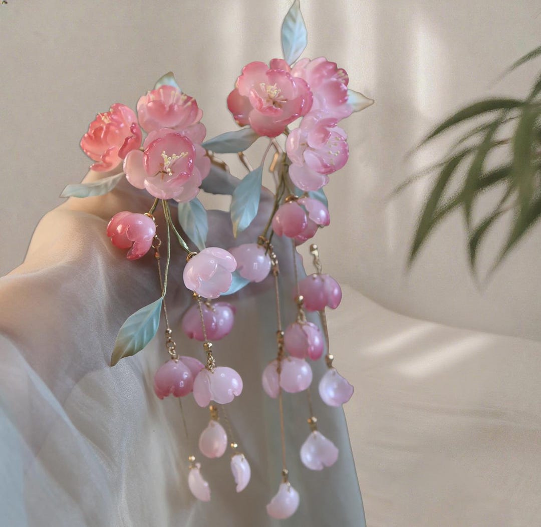 Handmade Pink Flower Hairpin,dangling Beads Hair Stick,elegant ...