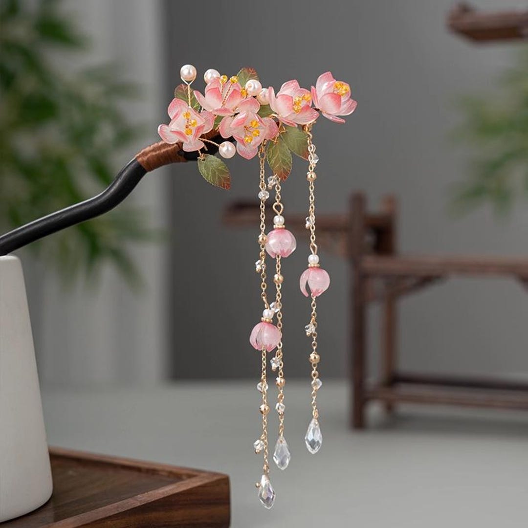 Retro Hair Stick With Pink Flower and Pearl Tassel, Wedding Accessory ...