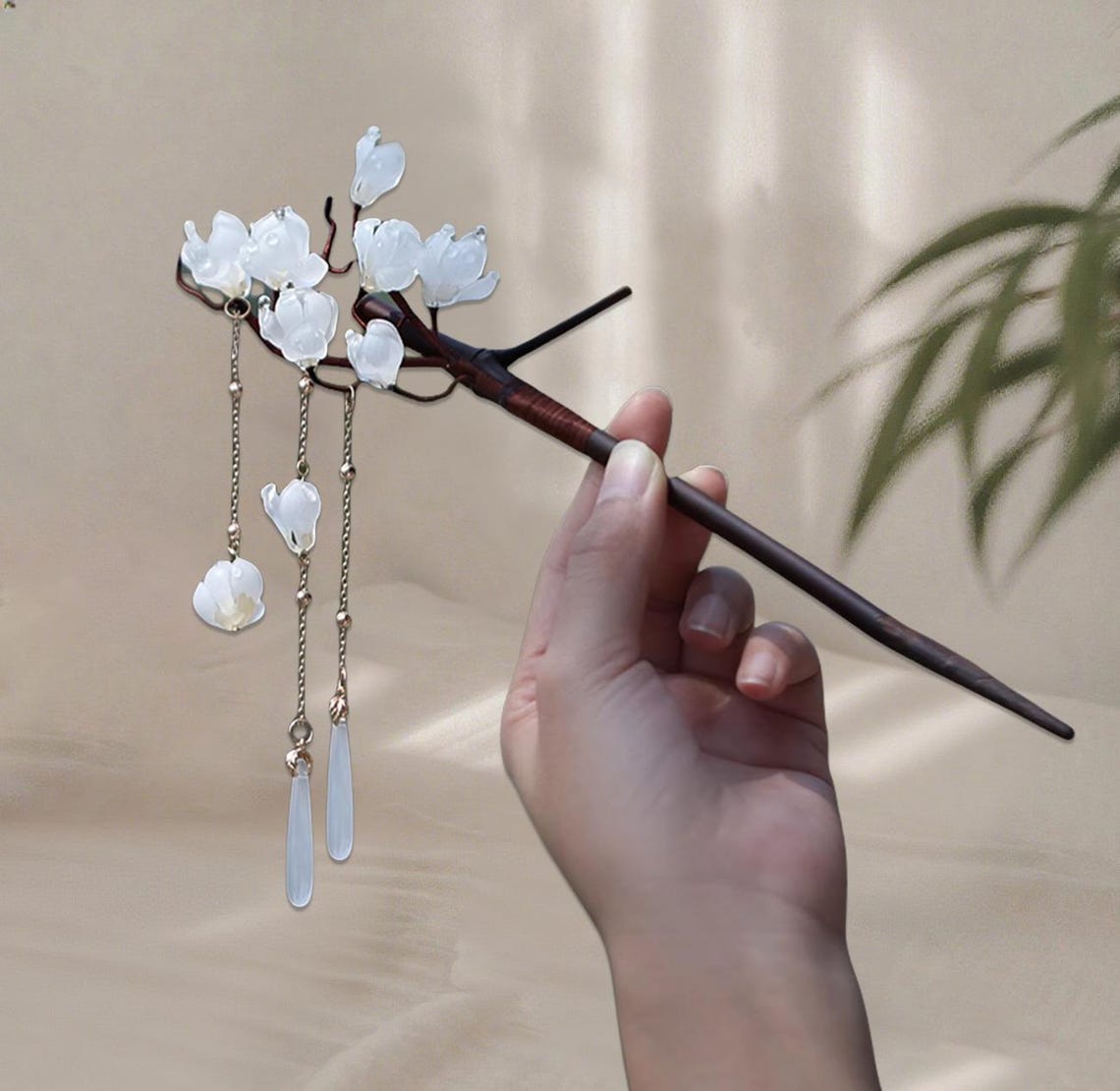 Handmade Hair Stick With White Flowers, Tassels and Umbrella Decor ...