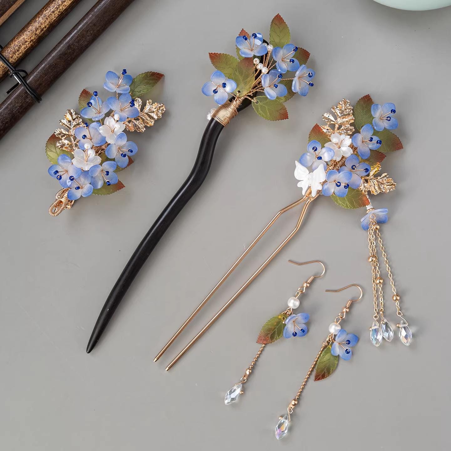 Blue Floral Hair Accessory,hair Sticks With Crystal Tassels,hairpin ...