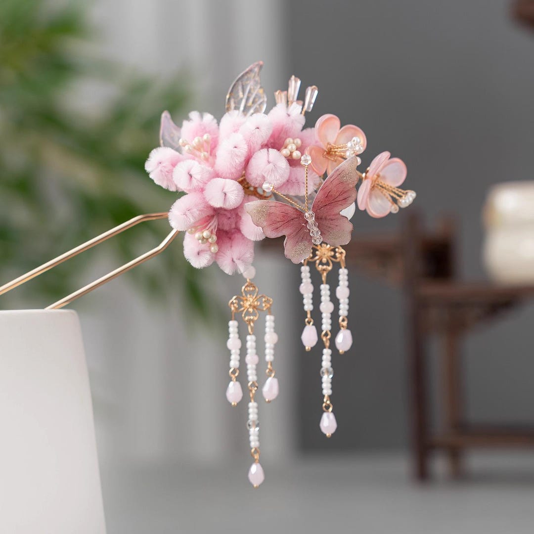 Pink Fluffy Flower Butterfly Hair Stick,hairpin With Tassel Beaded ...