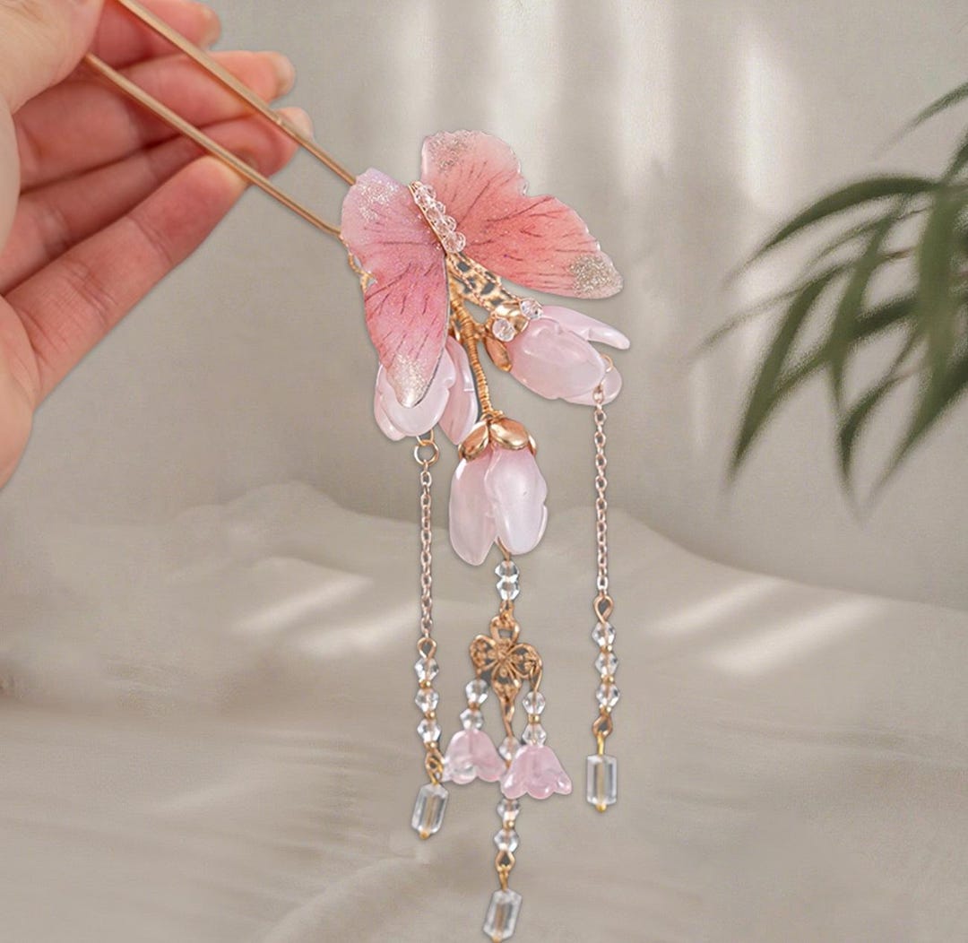 Pink Butterfly Hair Stick, Vintage Crystal Tassels, Hanfu Accessory. - Etsy