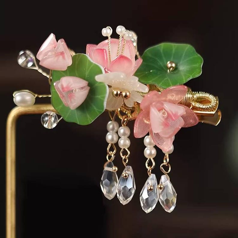 Lotus Flower Hair Clips,pink Green Floral Hair Accessories,elegant ...