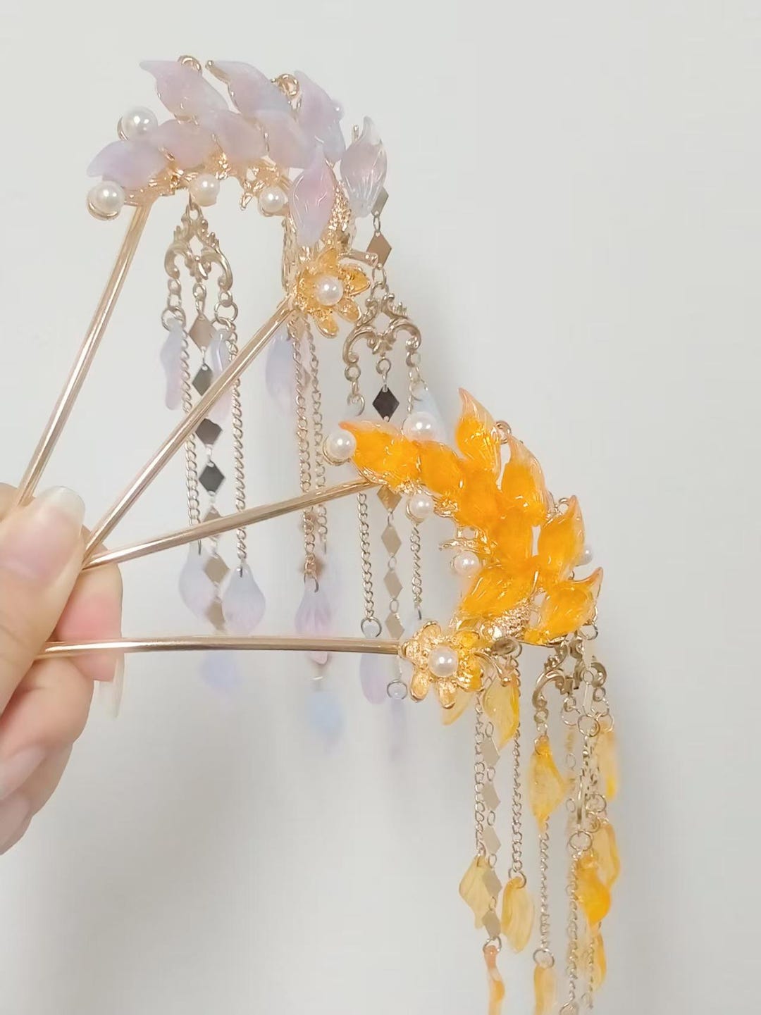 Traditional Chinese Golden Hanfu Hairpin With Pearl and Amber Leaf ...