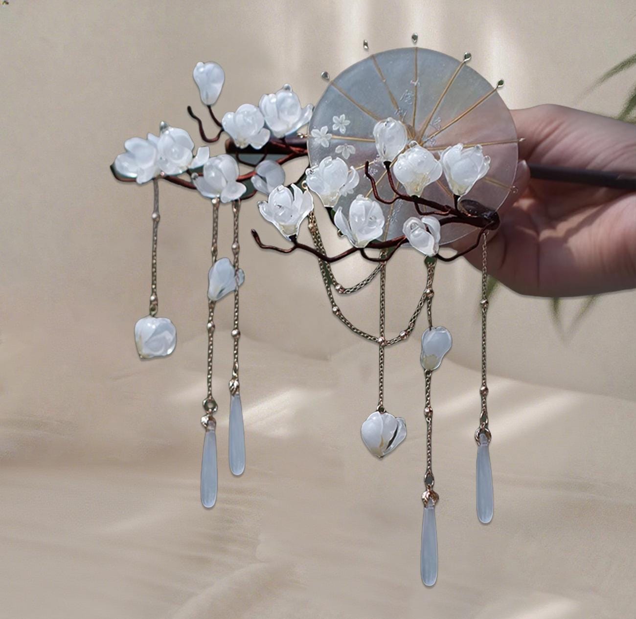 Handmade Hair Stick With White Flowers, Tassels and Umbrella Decor ...