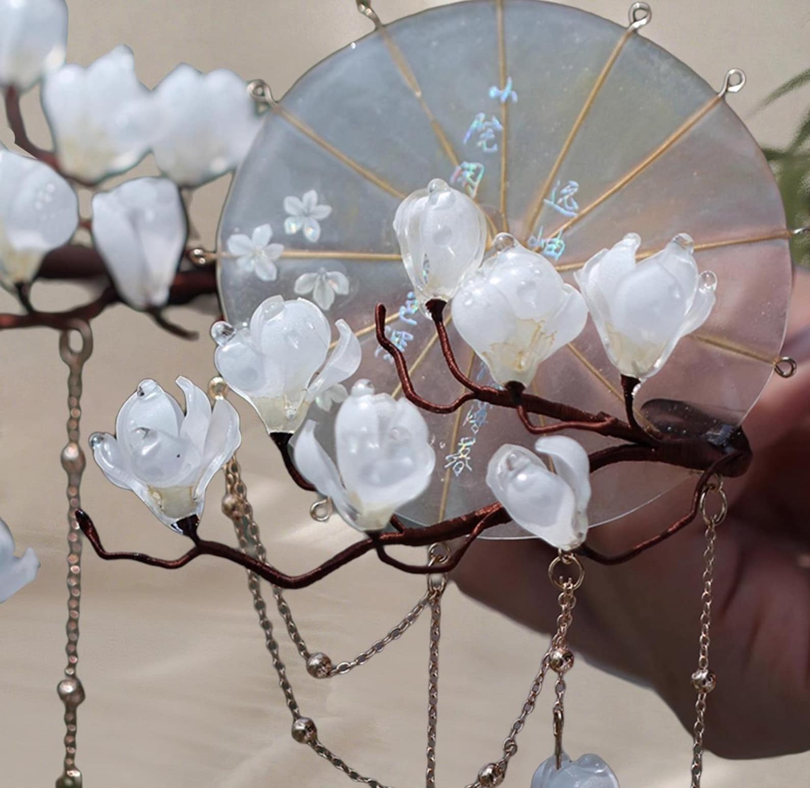 Handmade Hair Stick With White Flowers, Tassels and Umbrella Decor ...