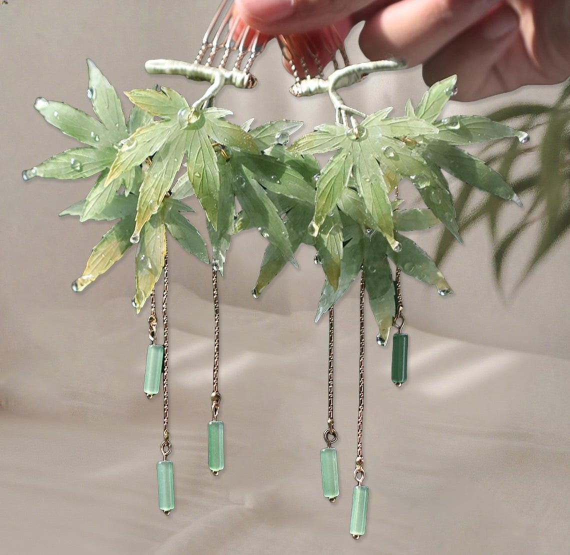 Handmade Green Maple Hairpin,inspired Hair Comb With Delicate Dangling ...