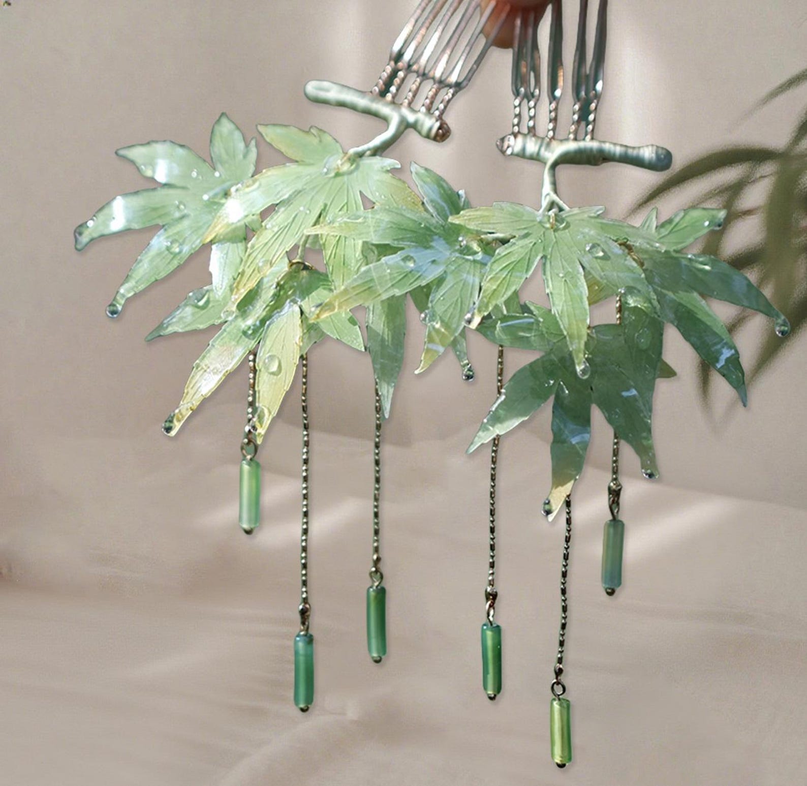Handmade Green Maple Hairpin,inspired Hair Comb With Delicate Dangling ...