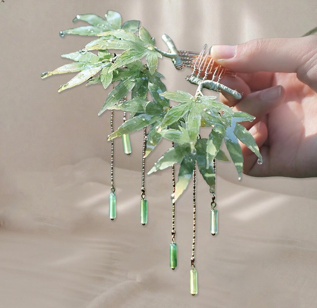 Handmade Green Maple Hairpin,inspired Hair Comb With Delicate Dangling ...