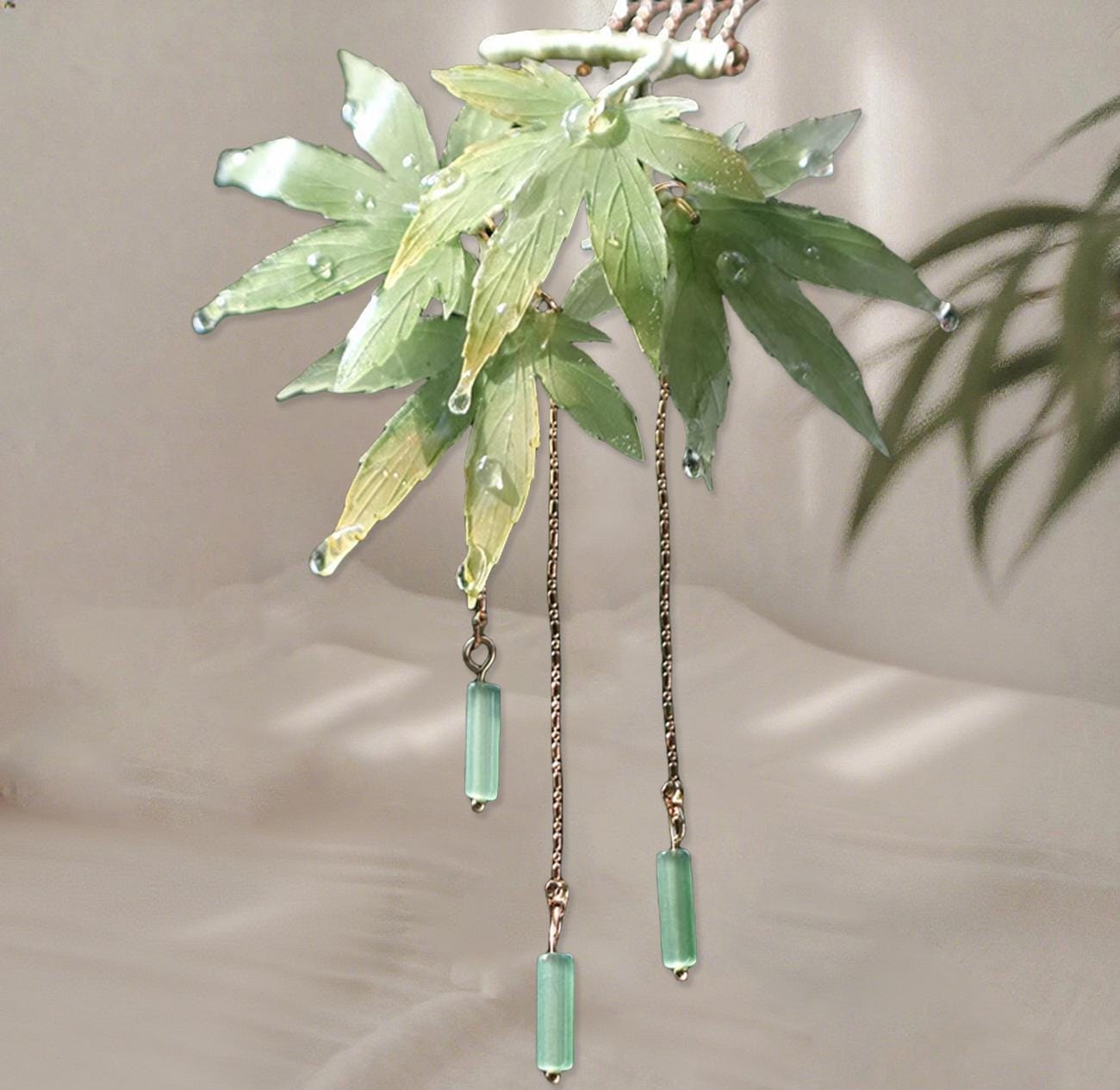 Handmade Green Maple Hairpin,inspired Hair Comb With Delicate Dangling ...