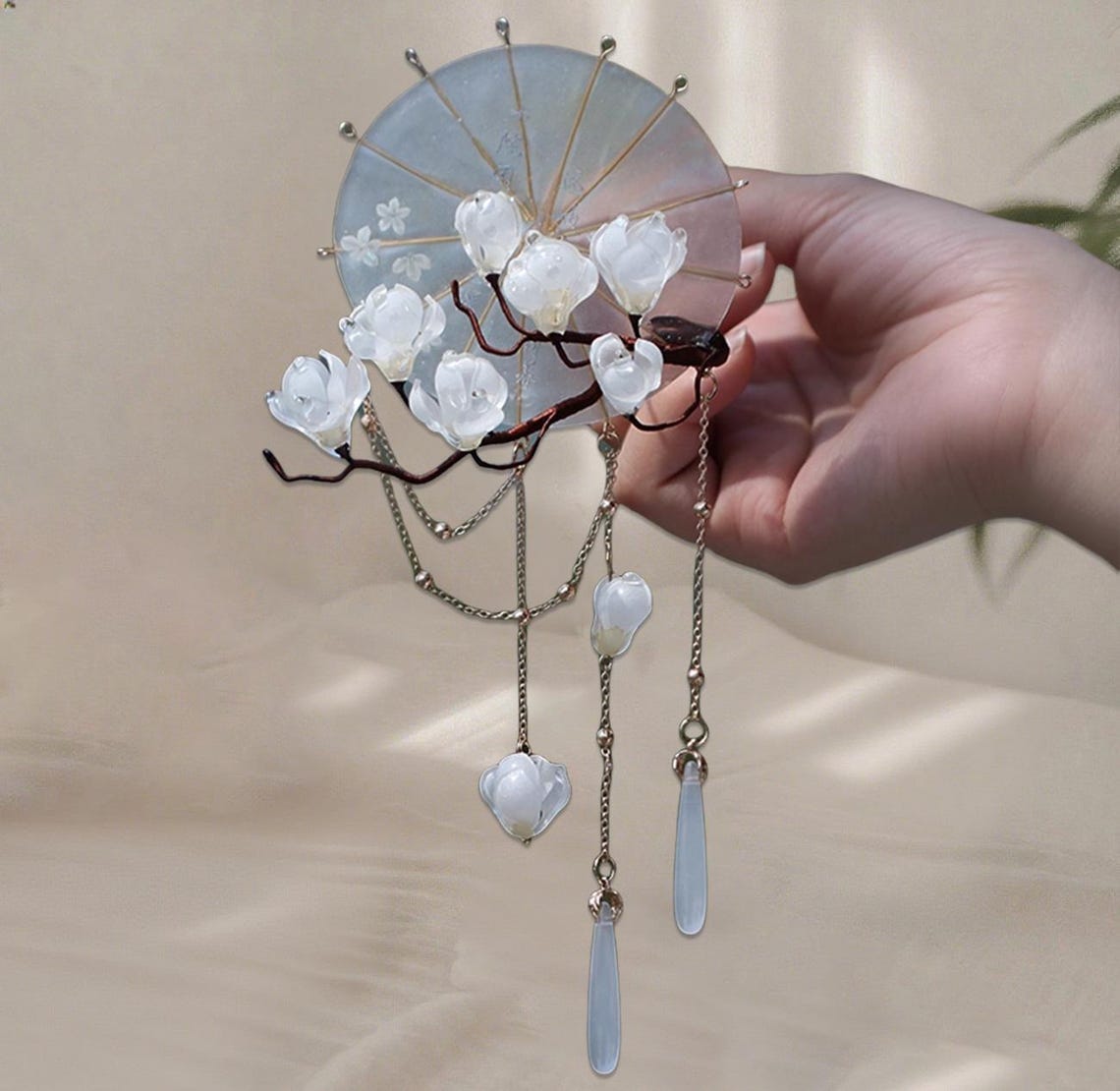 Handmade Hair Stick With White Flowers, Tassels and Umbrella Decor ...