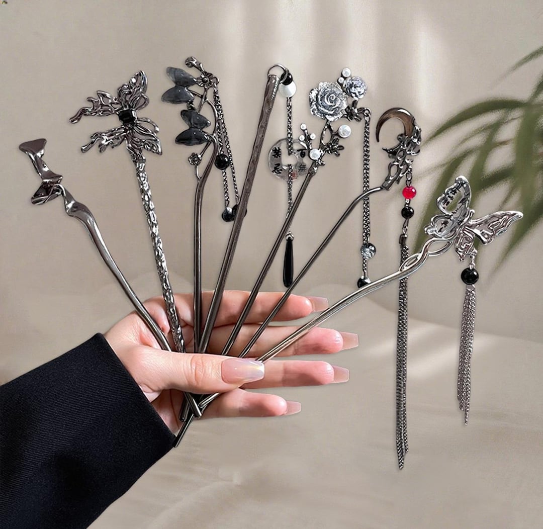 Gothic Silver Hair Sticks: Butterfly, Moon, Flower Hairpins - Retro ...