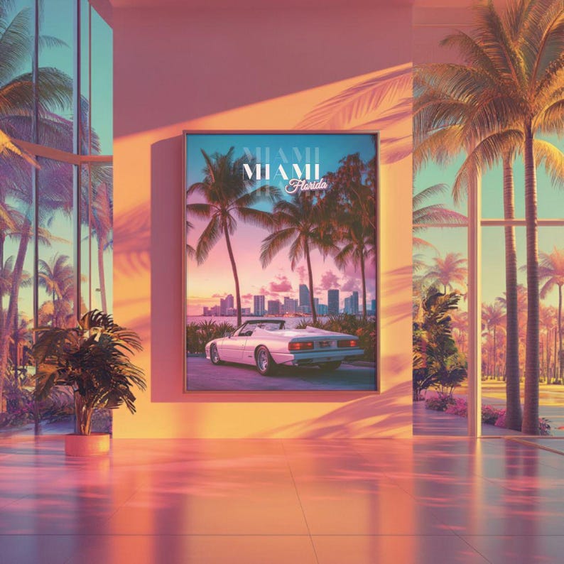 Retro Miami Art Print, Luxury Skyline, Tropical Sunset - Etsy