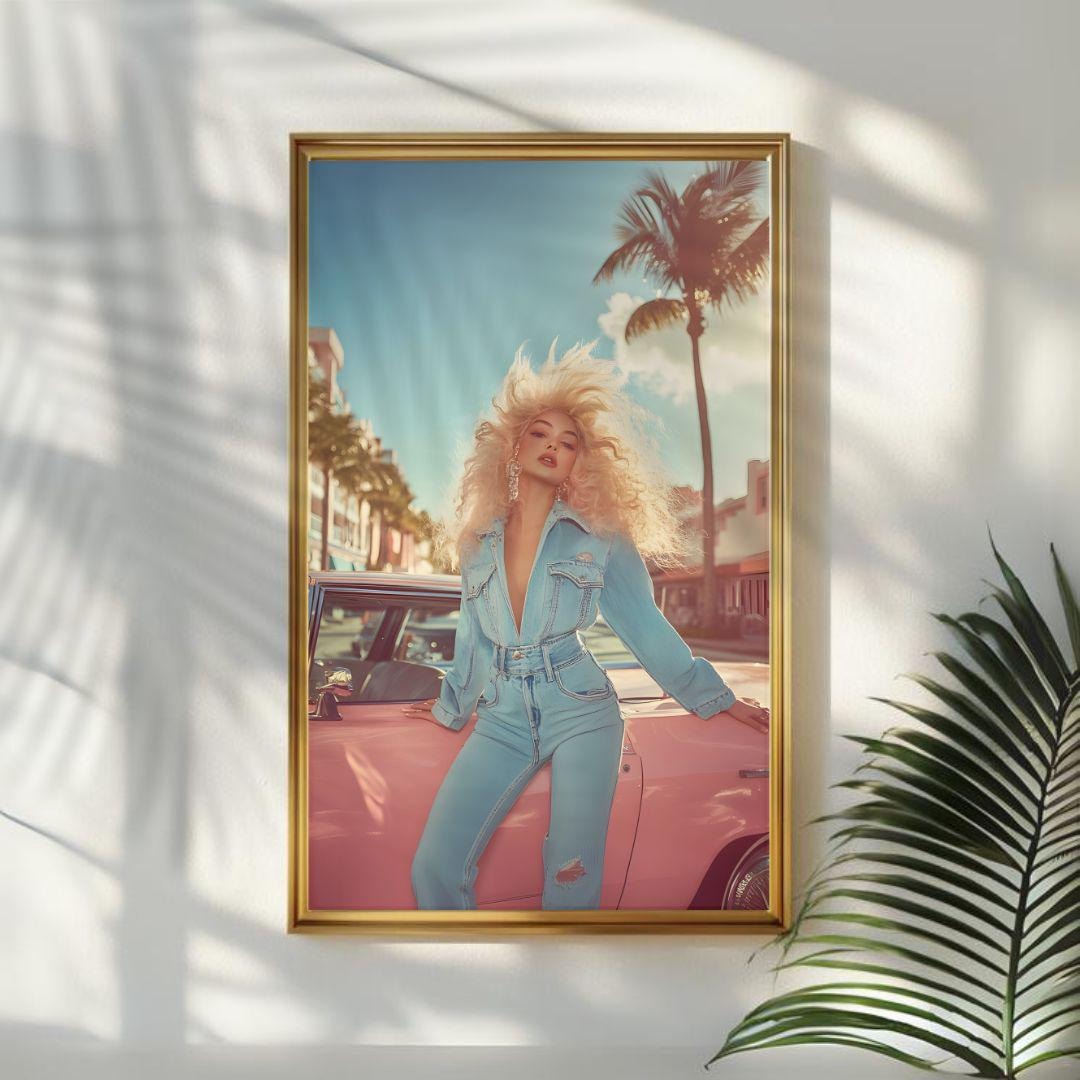 80s Glam Poster: Blonde in Denim, Pink Car, Miami Vibes Retro Print - Etsy