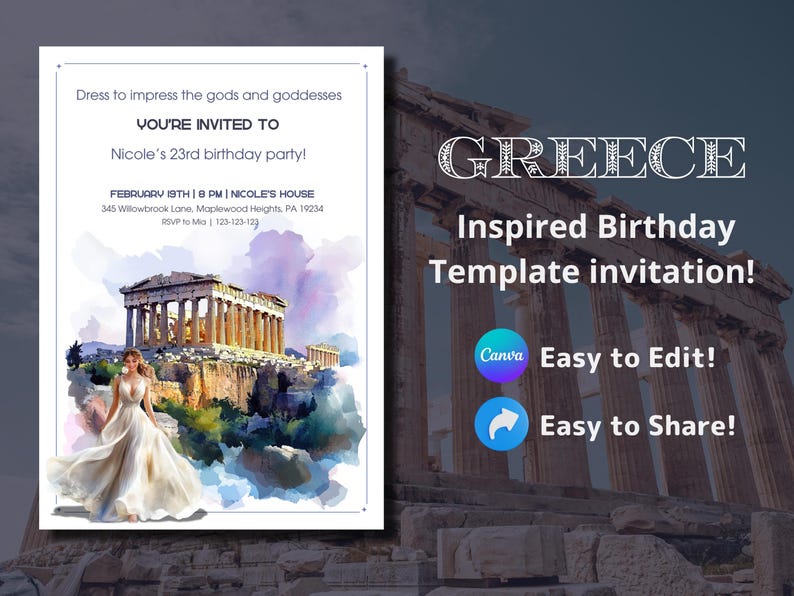Birthday Invitation Template, Greece Themed, Goddess, Acropolis ...