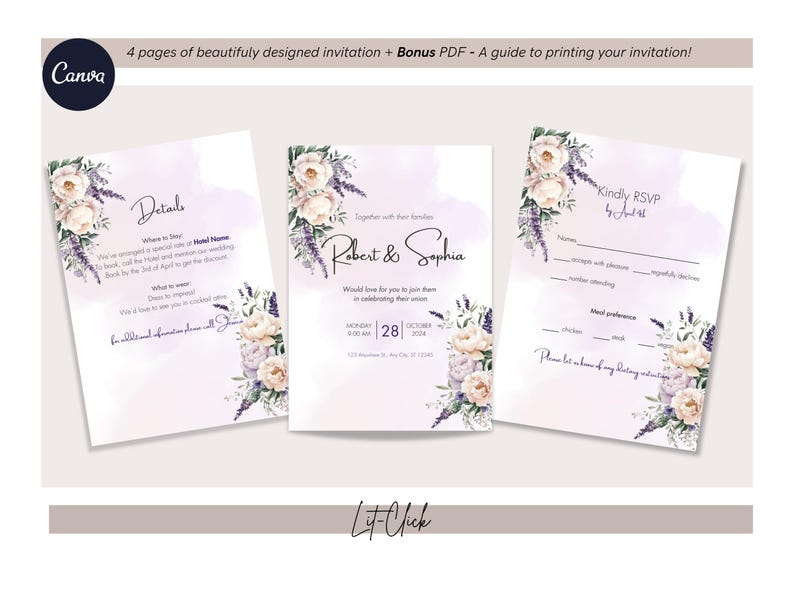 Pastel Purple Floral Wedding Invitation, Template Set, Canva Editable ...