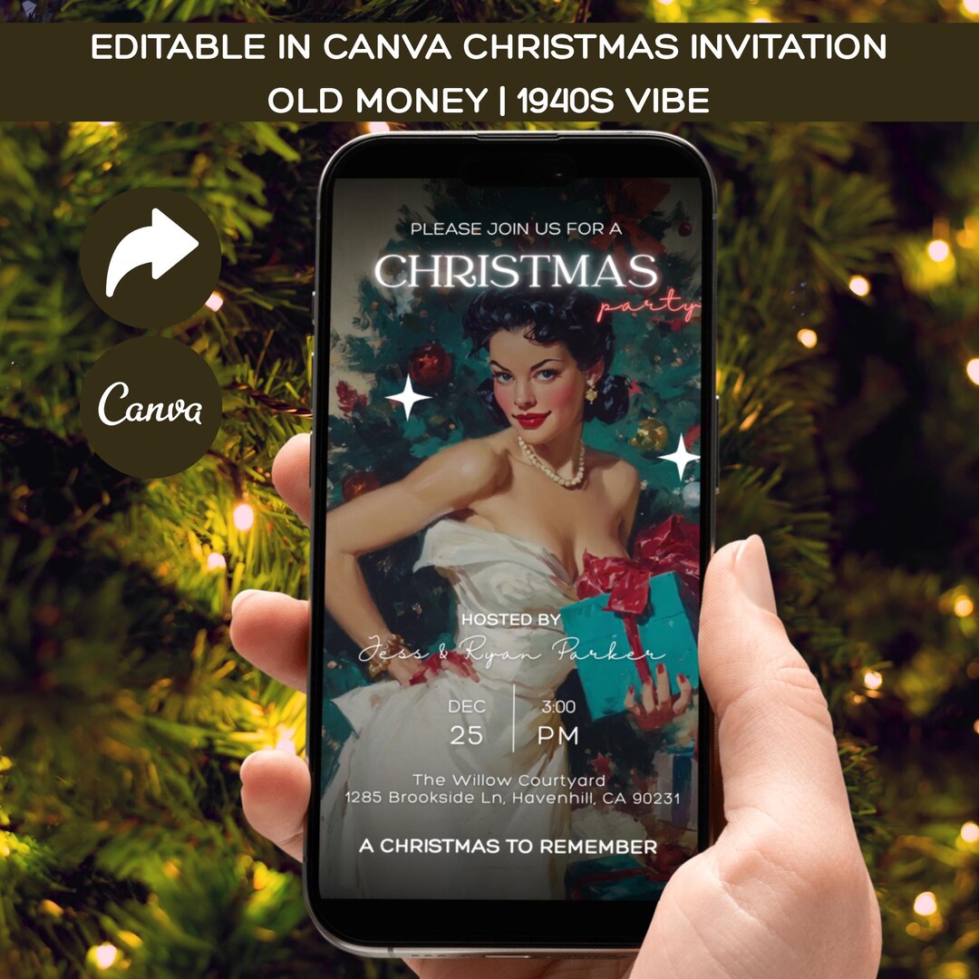Vintage 1940s Christmas Party Invitation | Retro Glam Canva Template ...
