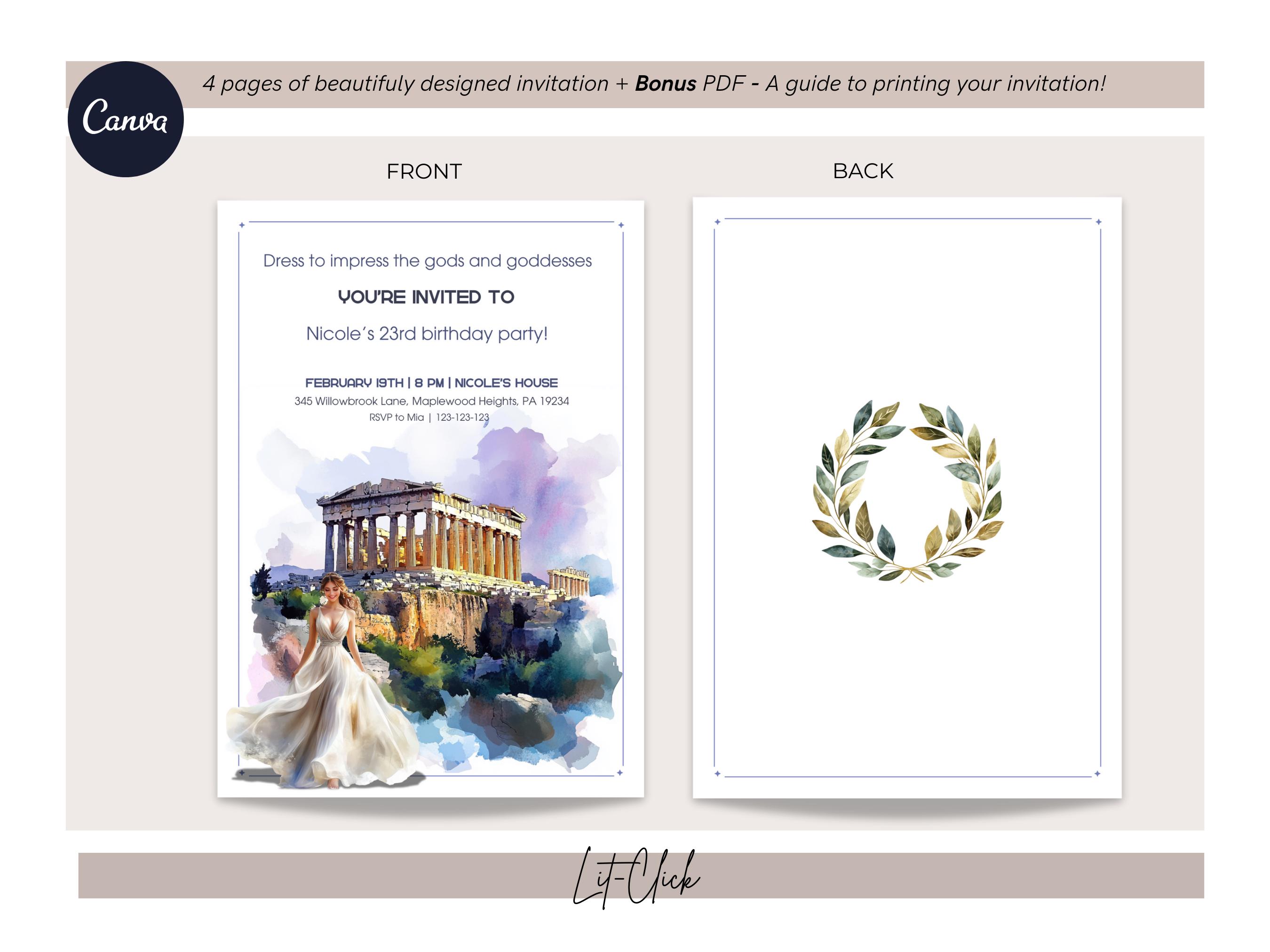 Birthday Invitation Template, Greece Themed, Goddess, Acropolis ...
