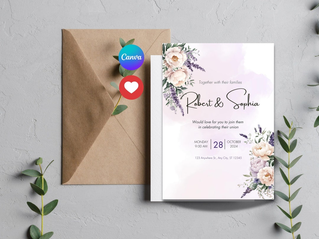 Pastel Purple Floral Wedding Invitation, Template Set, Canva Editable ...