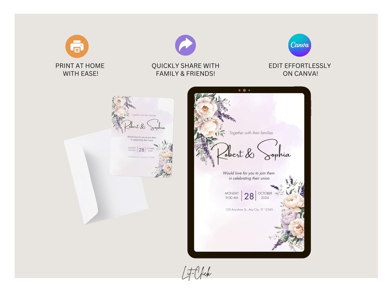 Pastel Purple Floral Wedding Invitation, Template Set, Canva Editable ...