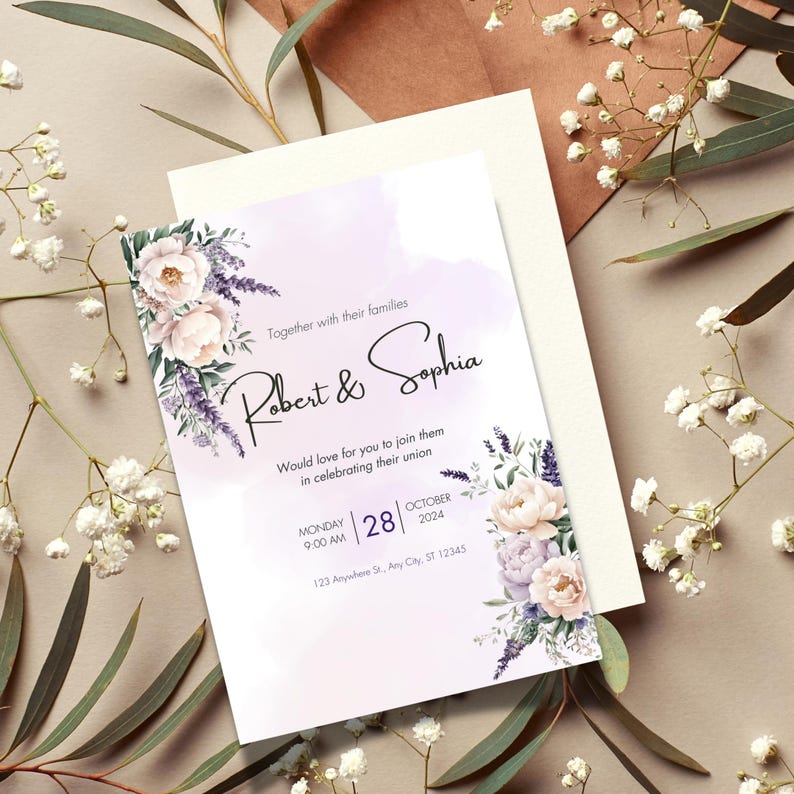 Pastel Purple Floral Wedding Invitation, Template Set, Canva Editable ...