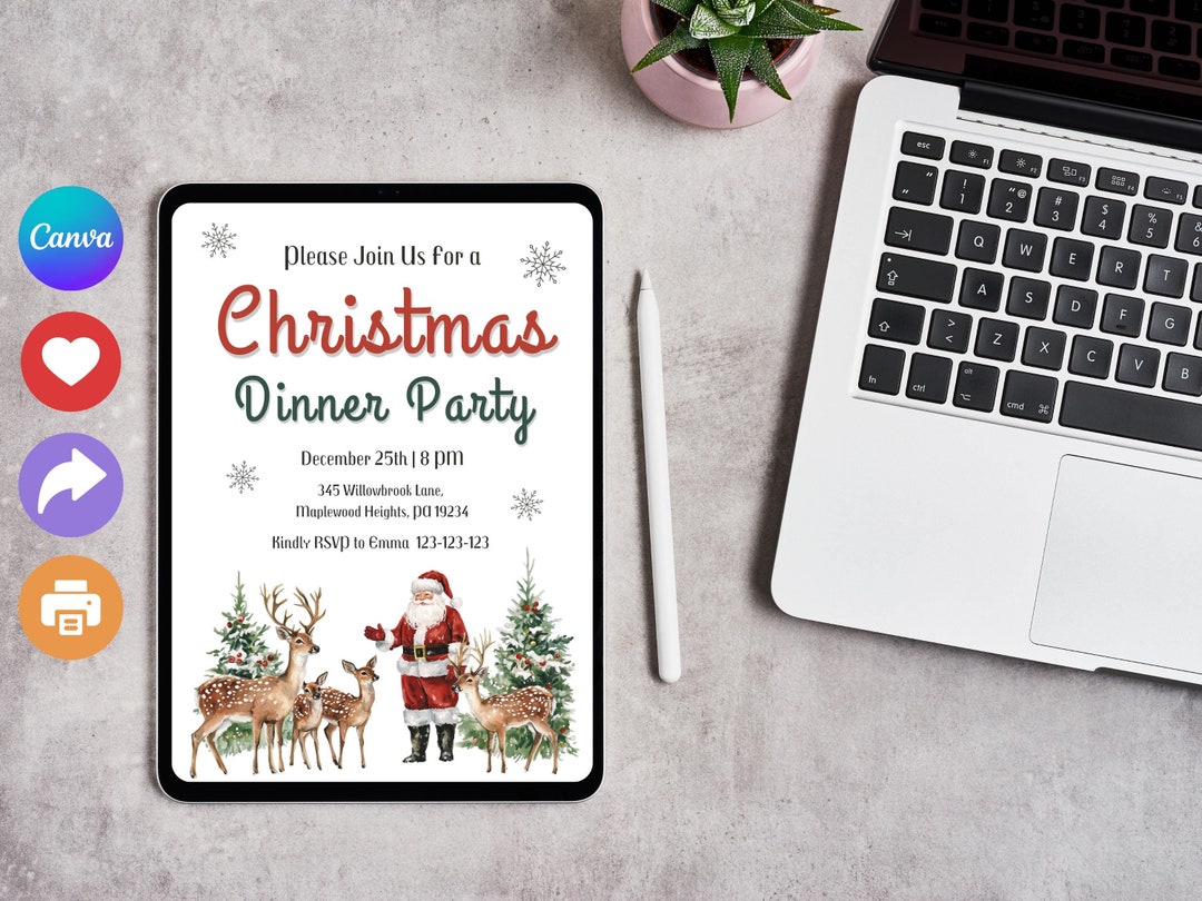 Christmas Party Digital Invitation, Xmas Dinner Invite Template ...