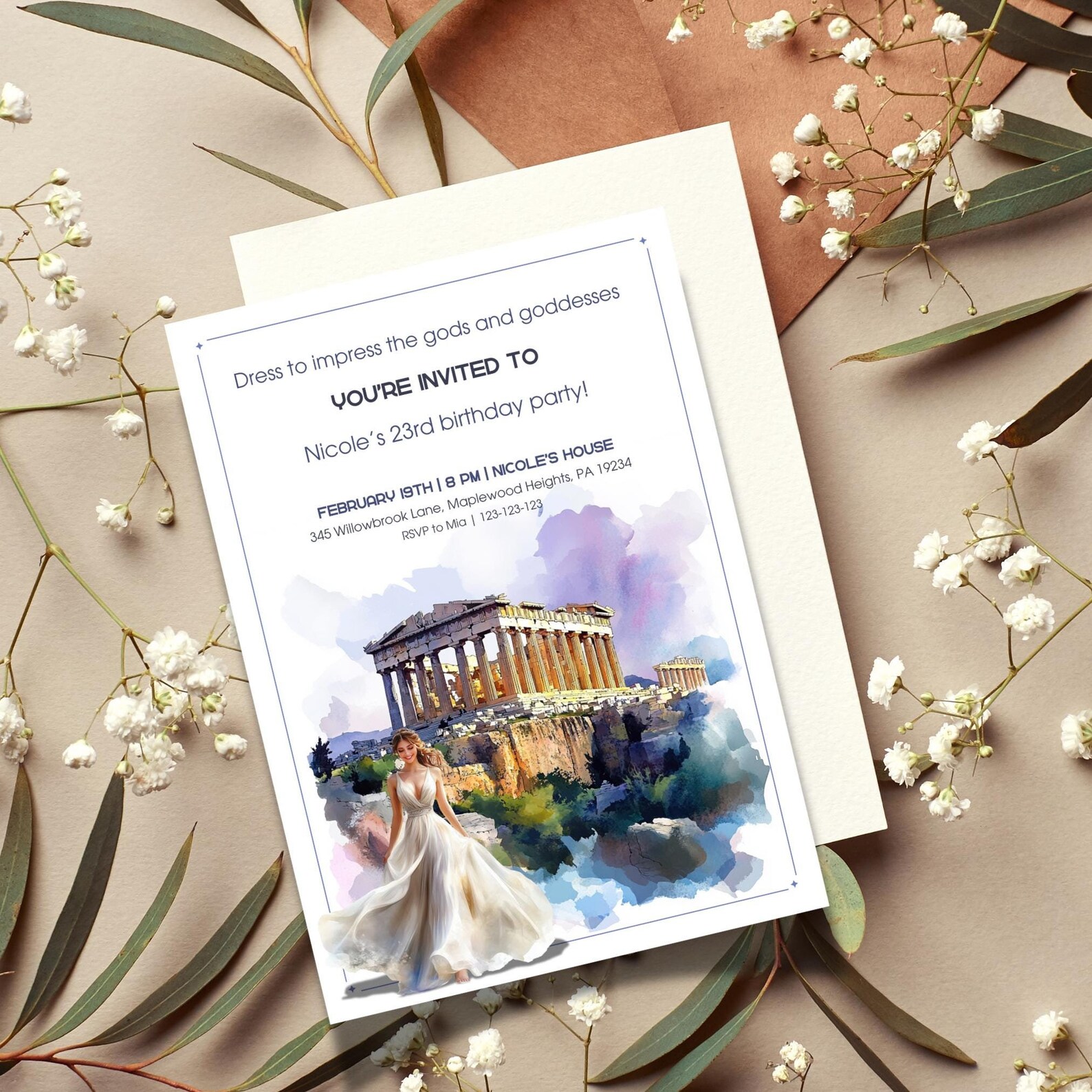 Birthday Invitation Template, Greece Themed, Goddess, Acropolis ...