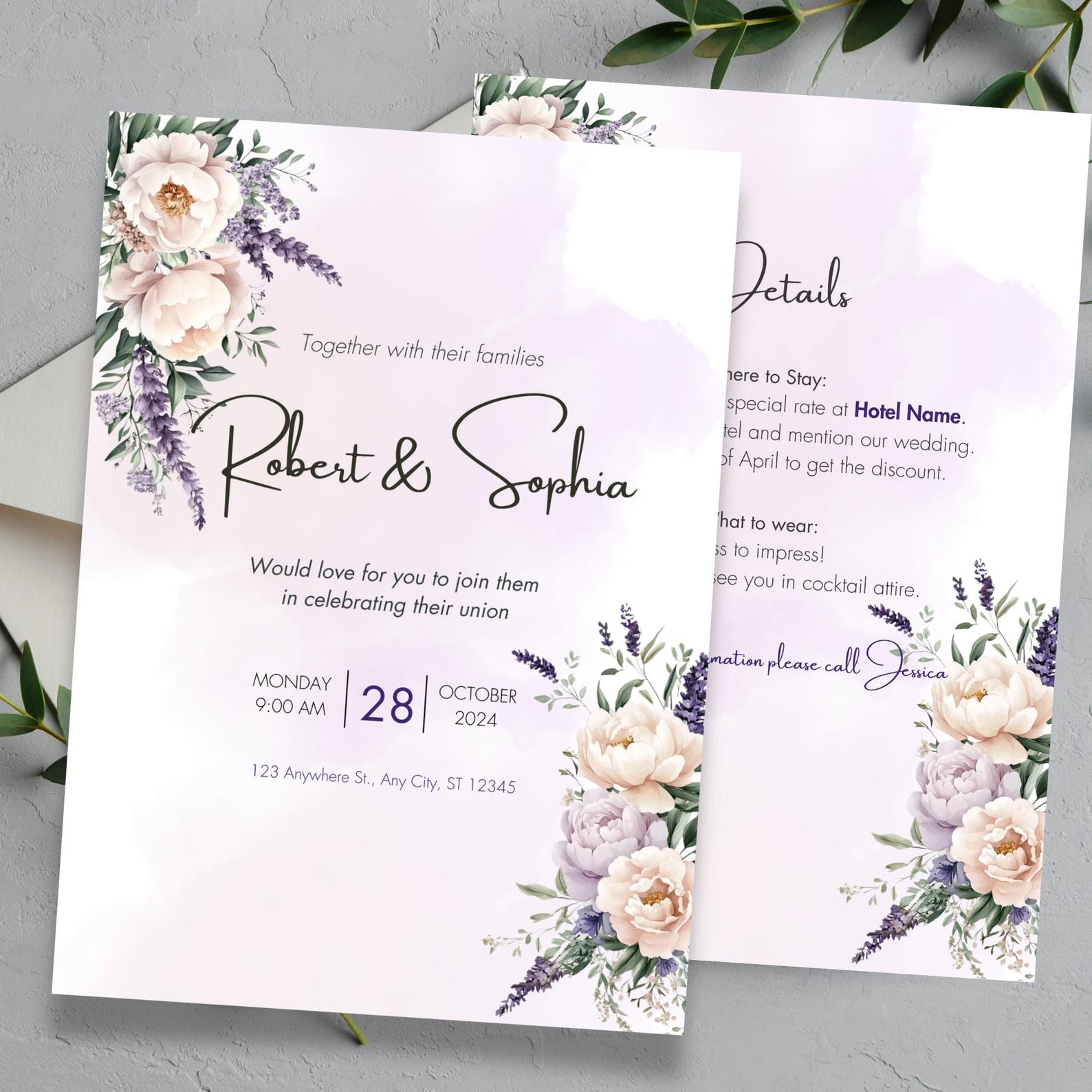Pastel Purple Floral Wedding Invitation, Template Set, Canva Editable ...