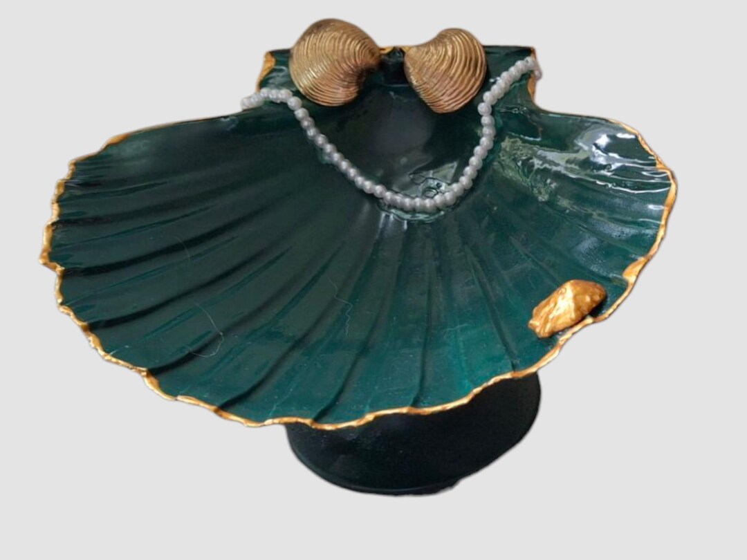 Dark Green Scallop Shell Jewelry Holder With Gold Seashell Accents ...