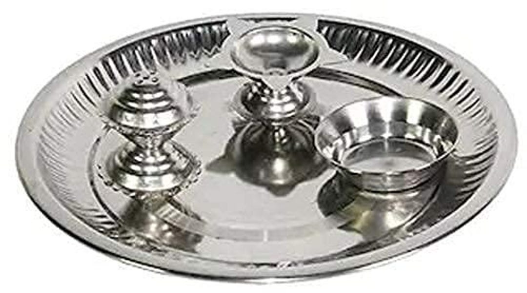 Traditional Stainless Steel Pooja Plate With Agarbatti Stand, Deepak ...