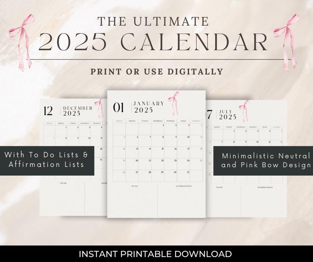 Neutral Pink Coquette Bow 2025 Calendar - Digital Calendar, Monthly ...