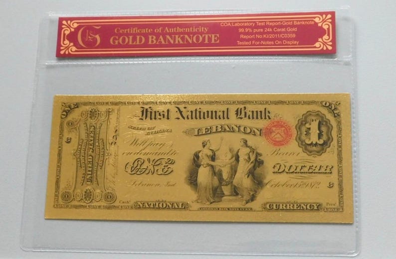 1875 First National Bank Lebanon Note. Gold Foil 24K. - Etsy