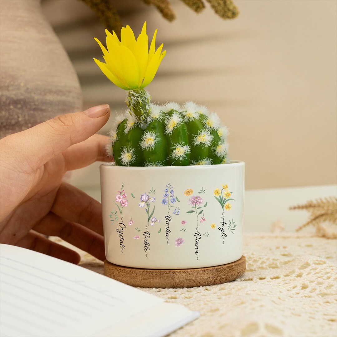 Personalised Birth Flower Mini Pot, Family Flower Plant Pot, White ...