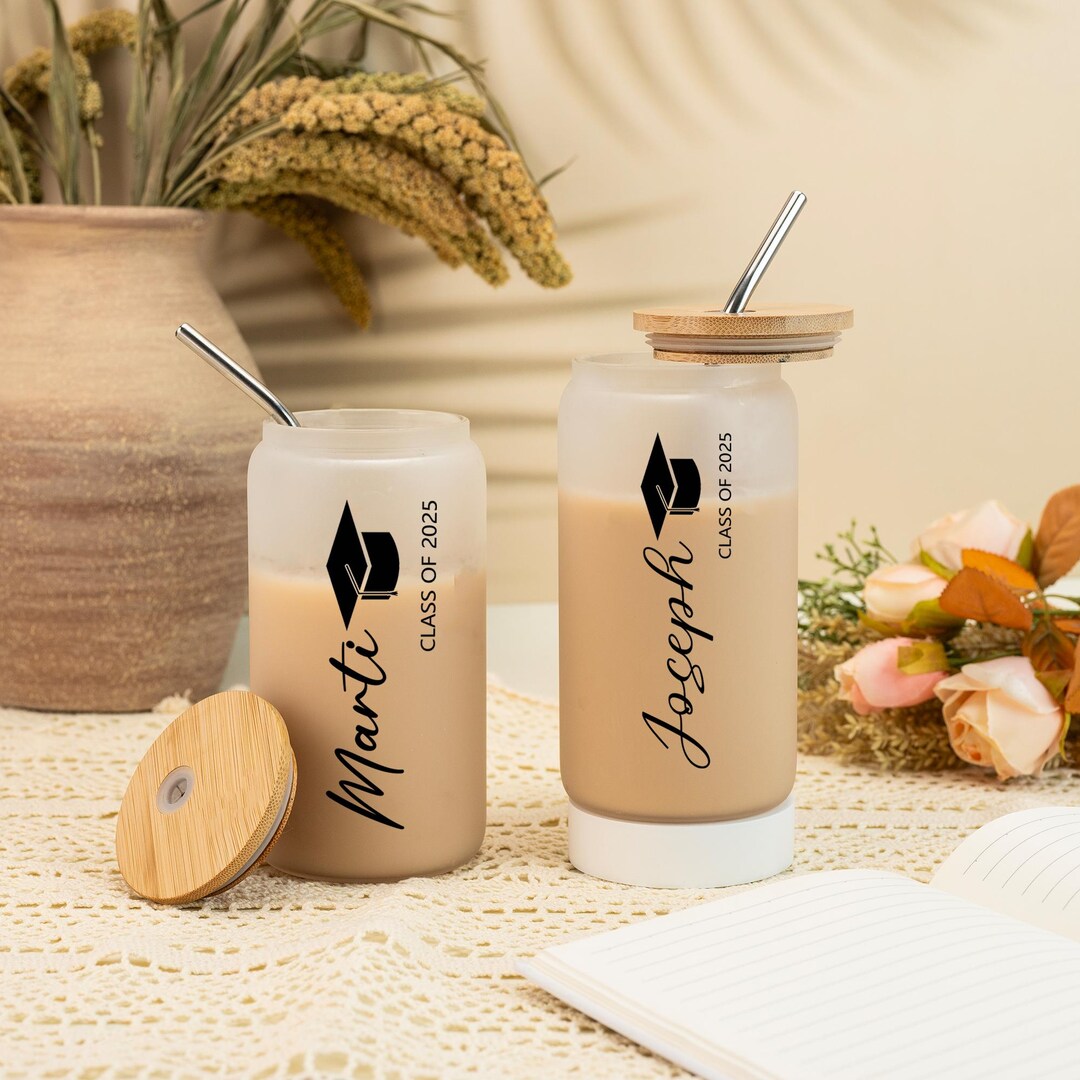 Personalized Iced Coffee Glass Cup, Graduation Glass Tumbler, College ...
