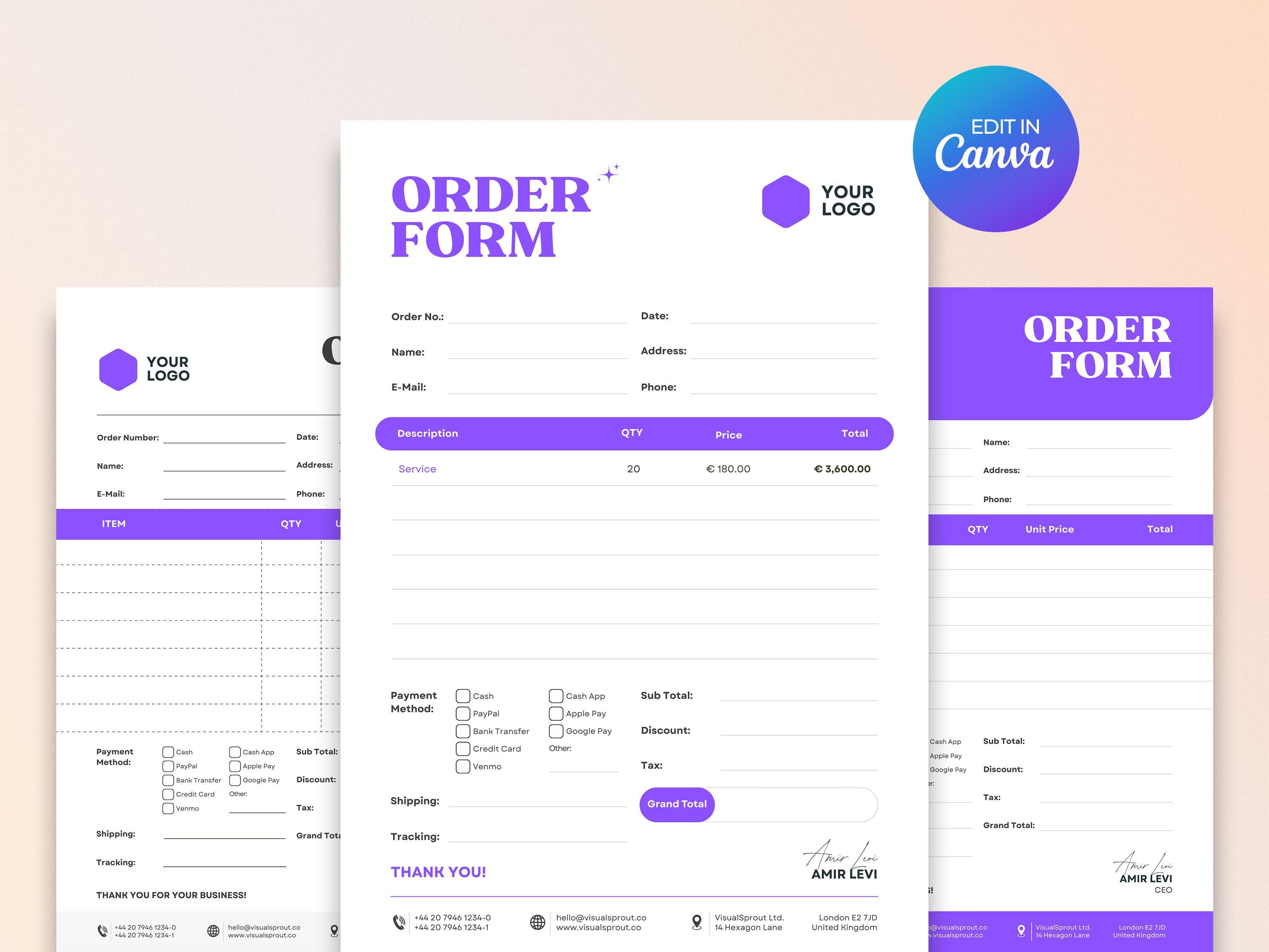 Editable Order Form Templates – Canva Set for Small Business & Creators ...