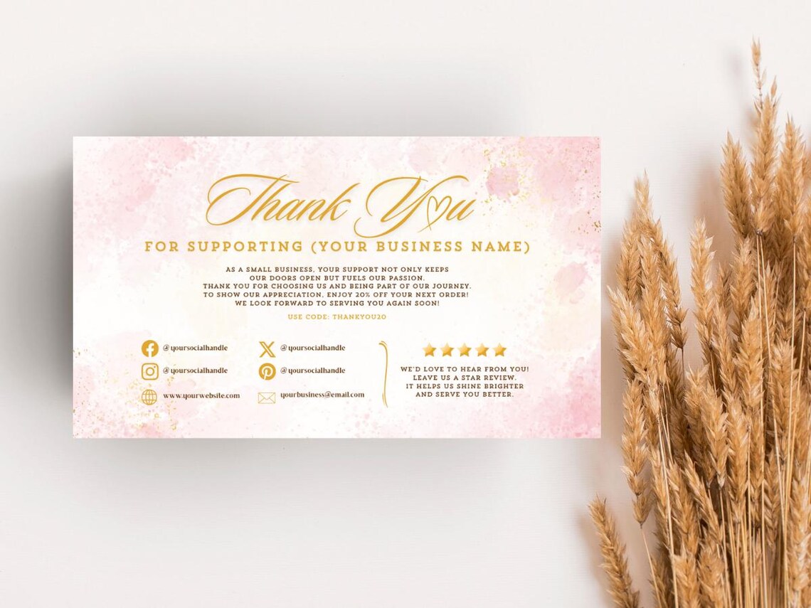 Pink Gold Editable Canva Thank You Card Printable Package Insert ...