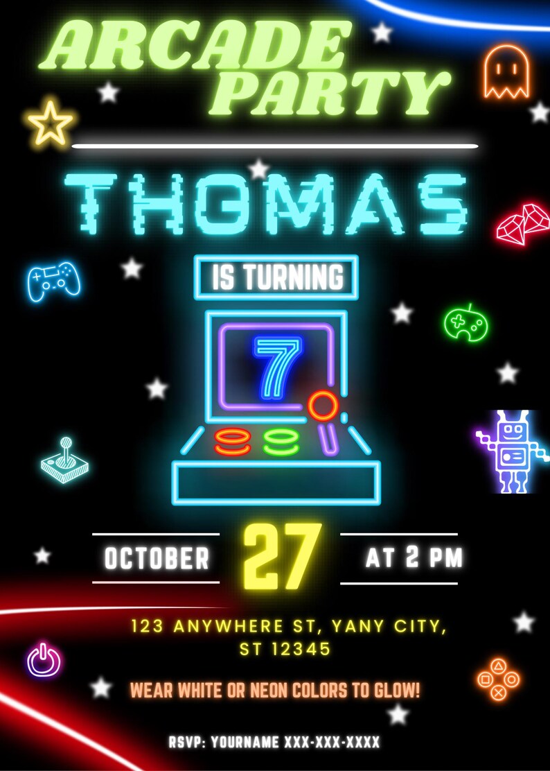 Arcade Party / Birthday Invitation / Editable / Neon Glow - Etsy