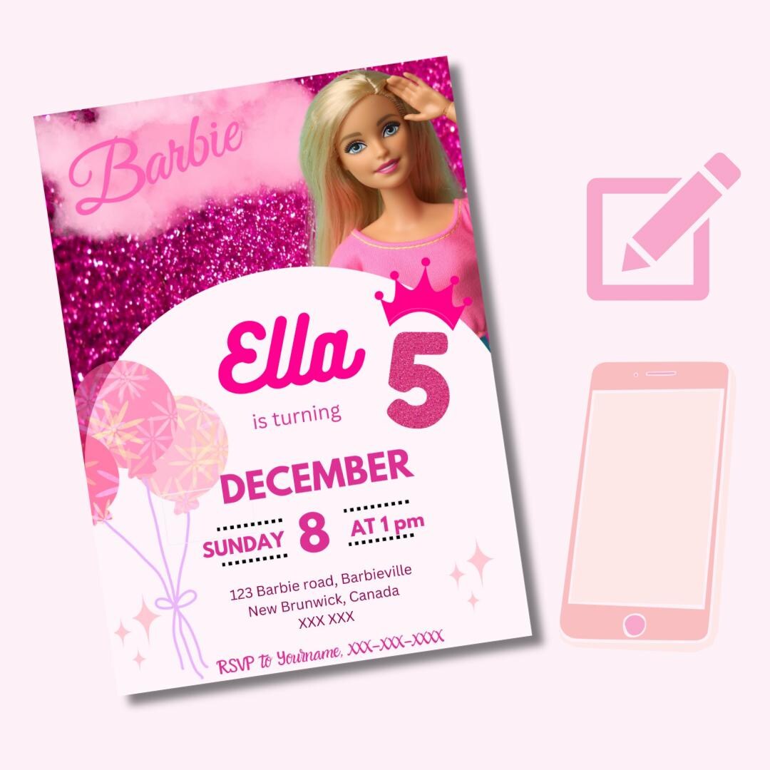 Barbie Birthday Invitation, Girls Party, Pink Glitter Doll Invite ...