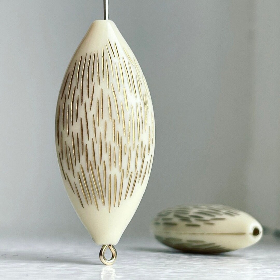 Acrylic Beads Ivory Gold Etched Carved Oval Beads 40mm Large Ornate 4 ...