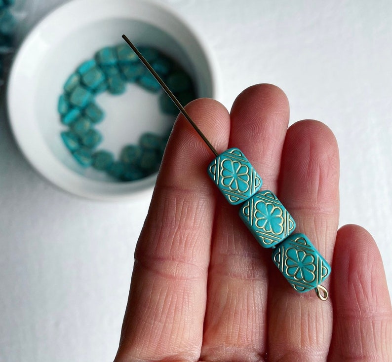 Etched Turquoise Gold Acrylic Rectangle Beads Carved Tab 12mm | Etsy
