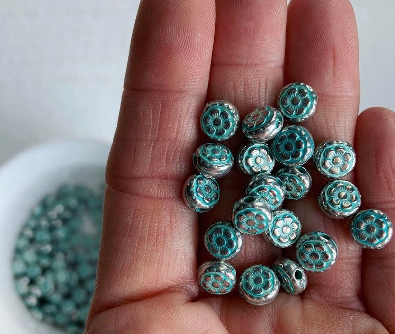 Etched Silver Green Patina Acrylic Coin Flower Beads Carved | Etsy