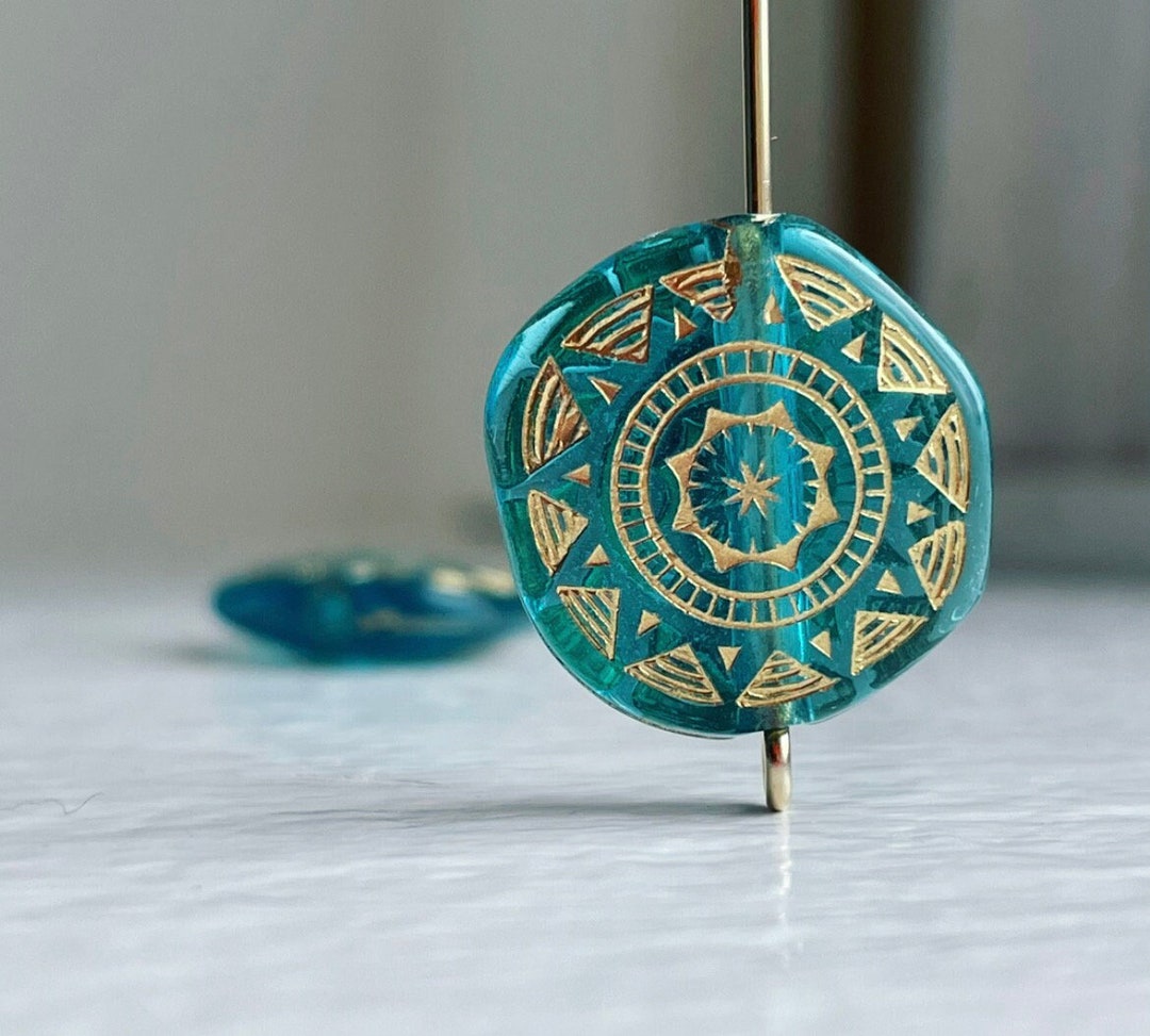 Teal Gold Acrylic Carved Coin Pillow Beads 18mm 12 - Etsy