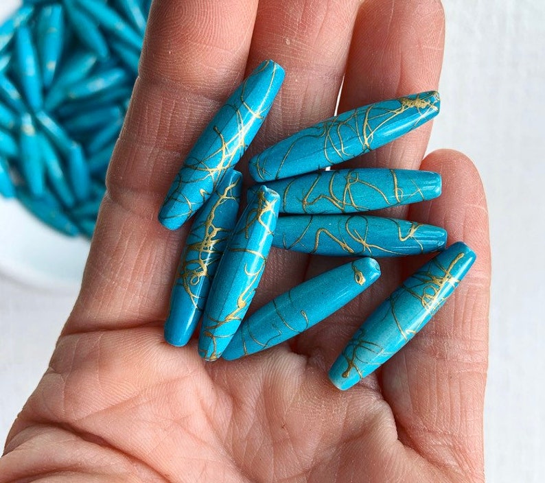 Turquoise Gold Drizzle Oval Acrylic Rice Beads 28mm 20 | Etsy