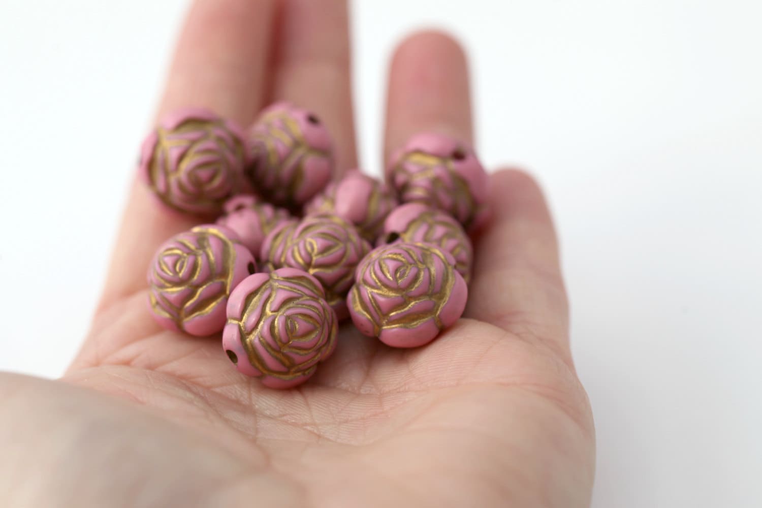 Rose Pink Gold Ornate Acrylic Round Rose Flower Beads Carved | Etsy