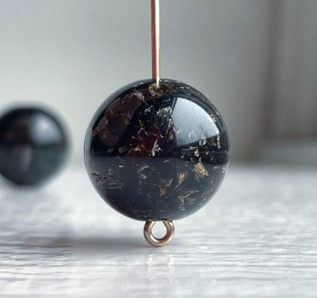 Vintage Black Gold Fleck Pitted Granite Round Lucite Beads Organic 16mm ...