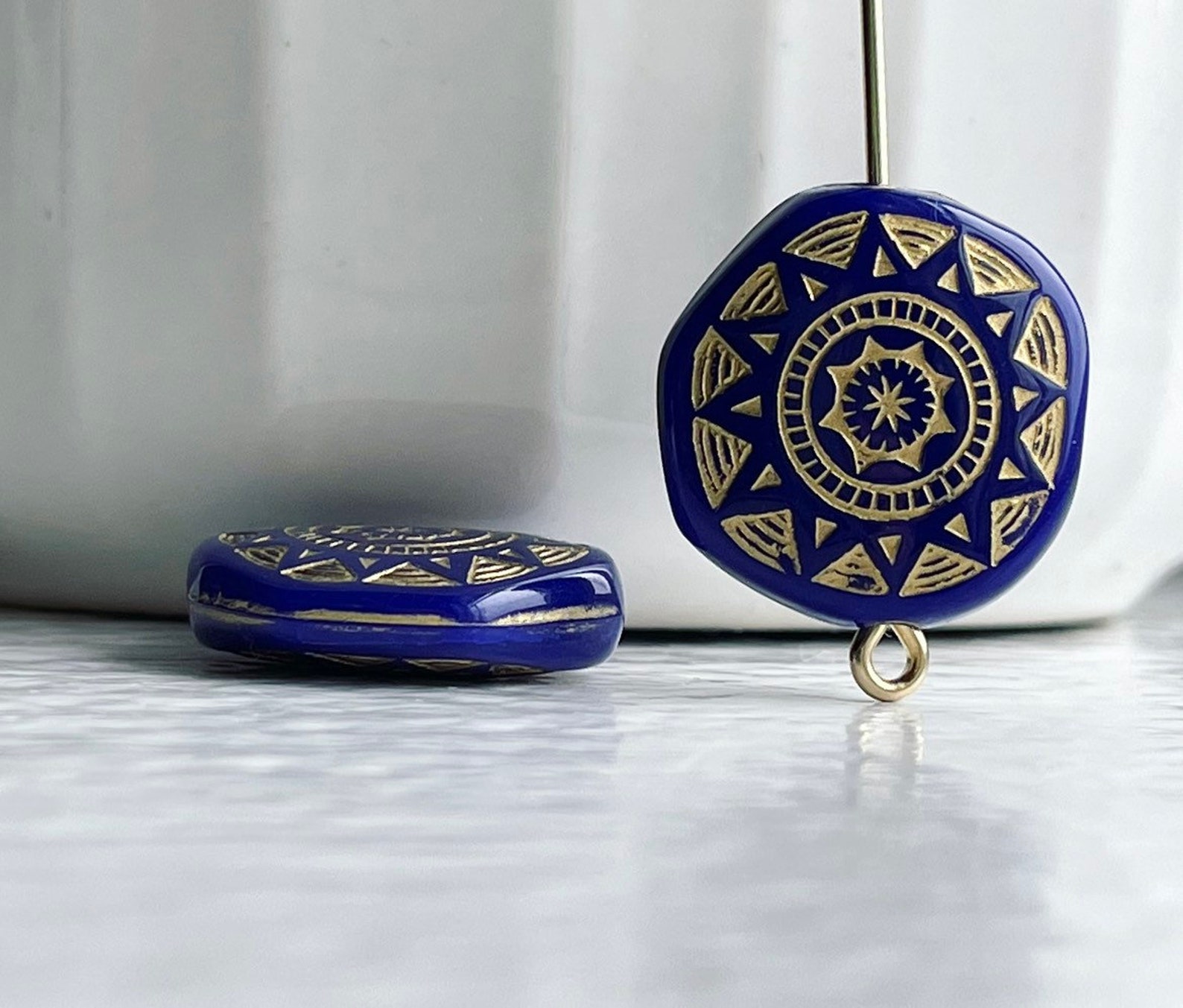 Acrylic Royal Blue and Gold Etched Carved Coin Pillow Beads 18mm (12 ...