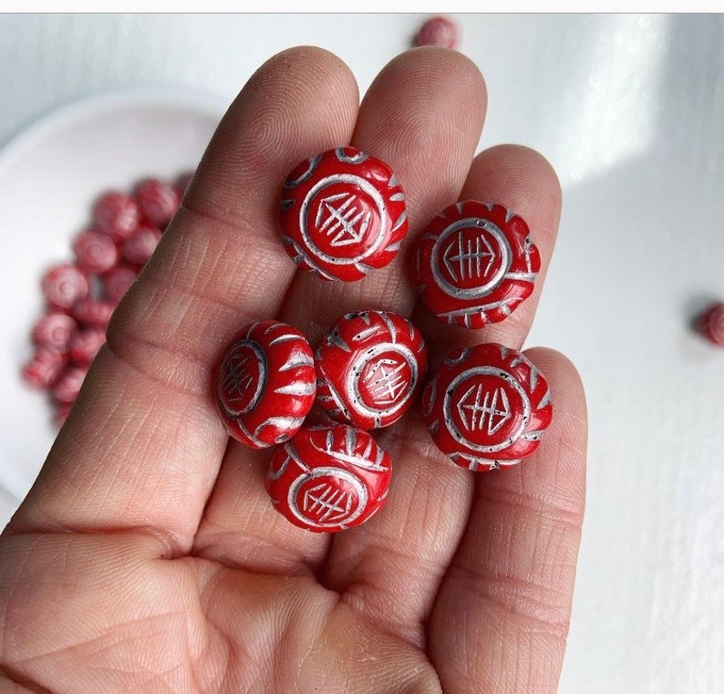 Red Silver Carved Pillow Coin Acrylic Beads Etched 15mm 14 | Etsy