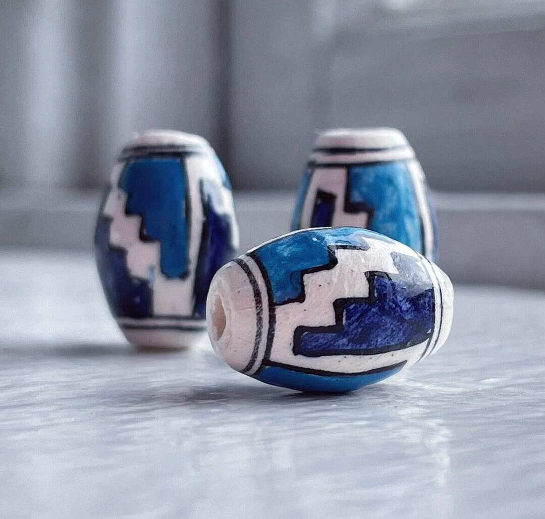 Hand Painted Peruvian Ceramic Porcelain Oval Blue White Black Beads ...