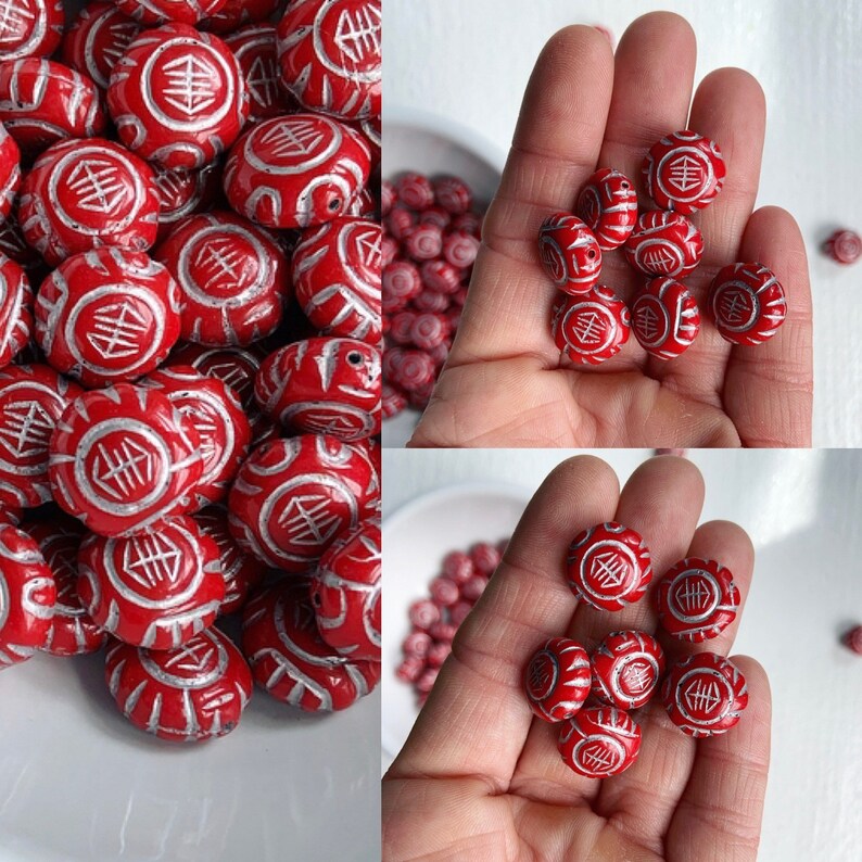 Red Silver Carved Pillow Coin Acrylic Beads Etched 15mm 14 | Etsy